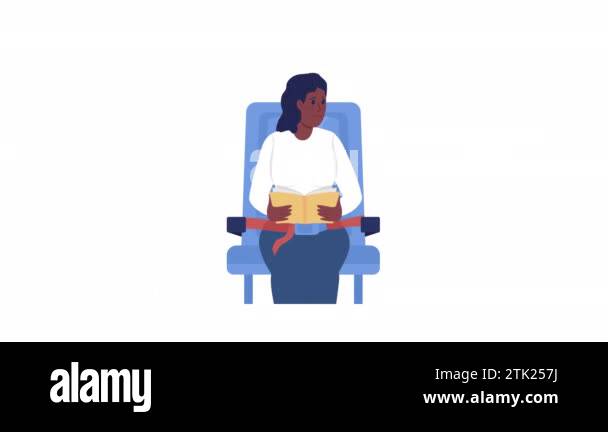 Animated worried female character. Sit in plane near panicking person ...