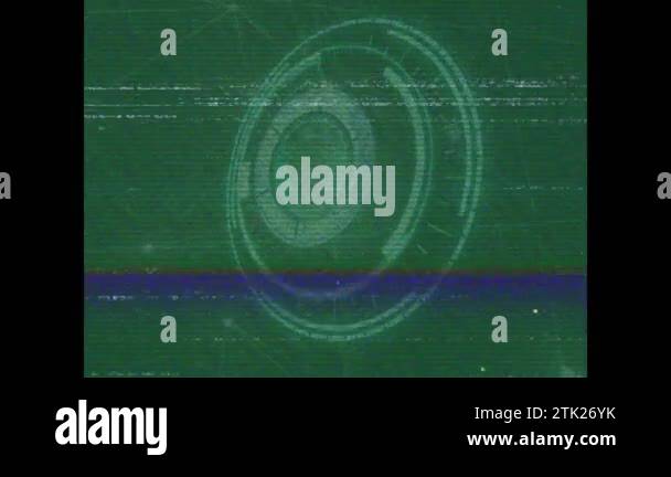 Animation of vhs effect over round scanner and network of connections ...