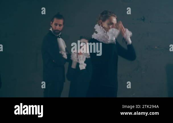 Side view worried anxious young actress in costume on backstage with ...