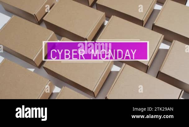 Animation of cyber monday text over gift boxes. Sales, retail, cyber shopping, digital interface ...