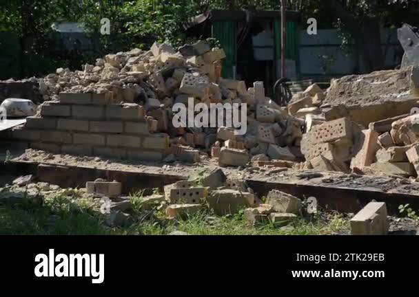 Construction debris from demolished buildings and bricks left over from ...