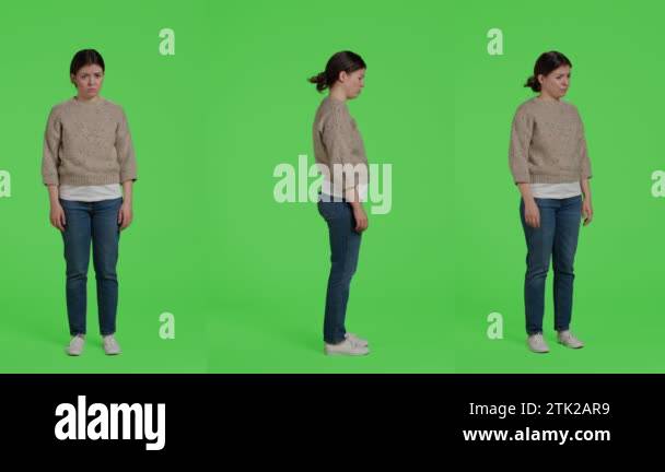 Displeased person acting sad and discouraged posing over isolated ...