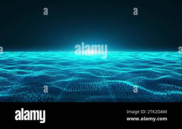 Blue abstract digital particle waves with sunset background. Hi ...