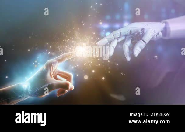 merging of technology and humanity: cyborg finger touching human finger ...