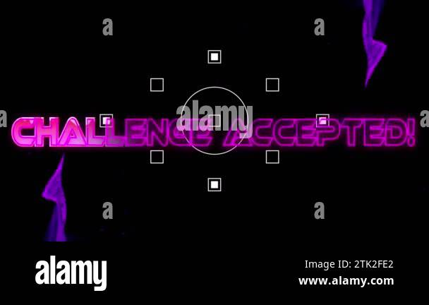 Animation of glitch effect over challenge accepted text banner against purple digital waves ...