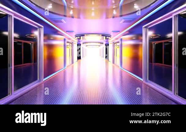 Corridor in space station or in laboratory decorated with yellow and ...