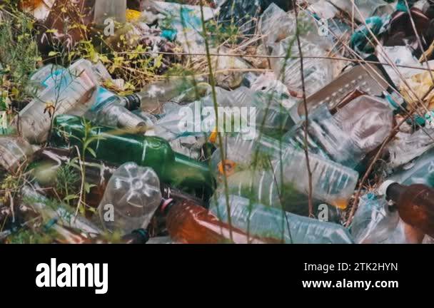 Garbage dump of plastic and bottles in the forest. Pile of synthetic ...