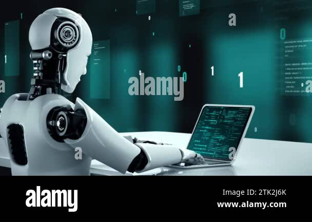 Futuristic robot artificial intelligence huminoid AI programming coding technology development ...
