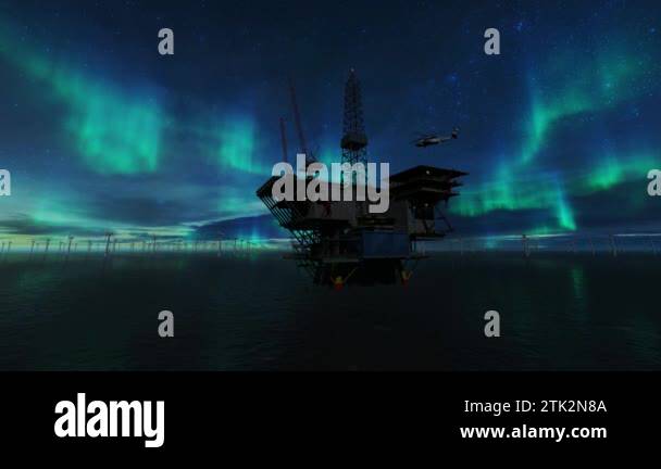 Oil Rig with Helicopter flying and Offshore Wind Turbines against ...