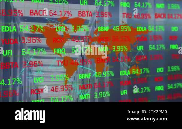 Animation of trading board, map and connected dots forming triangles over server room. Digital ...