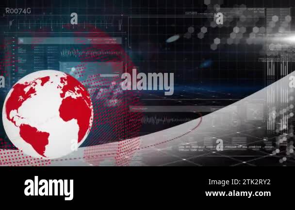 Animation of globes, loading bars, changing numbers and computer language over black background ...