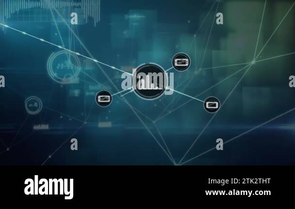 Animation of graphs and phone icons connecting with lines over boxes and soundwaves. Digitally ...