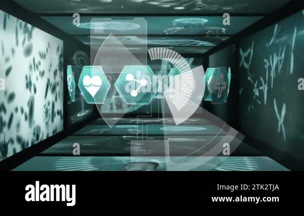 Animation of medical icons, scope scanning and data processing on ...
