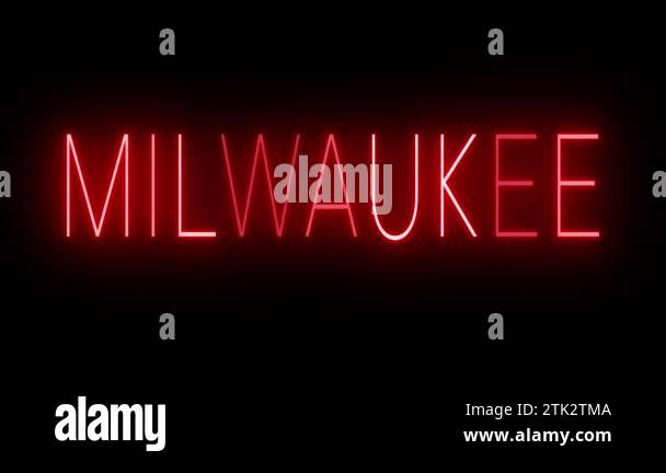 Red flickering and blinking animated neon sign for Milwaukee Stock ...