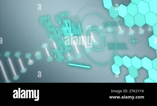 Animation of dna helix, loading circles, bar, graph and hexagon pattern over abstract background ...