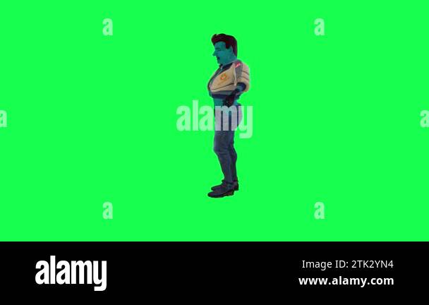 Blue animated man in blue and white dress doing break dance from right ...