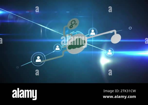 Animation of flow chart of icons over profile icons connected with ...