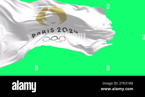 Paris, FR, May 23 2023: Paris 2024 Olympics Games flag waving isolated ...