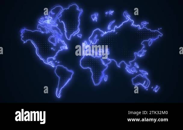 Neon Blue World Map Borders Outline Loop Background Stock Video Footage ...