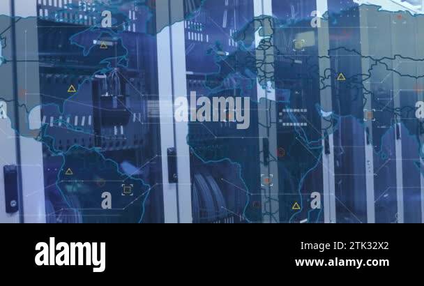 Animation of map and circuit board pattern over lens flares on server ...