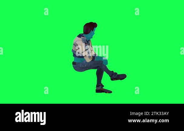 3D blue animated giant sitting talking from left angle on green screen ...