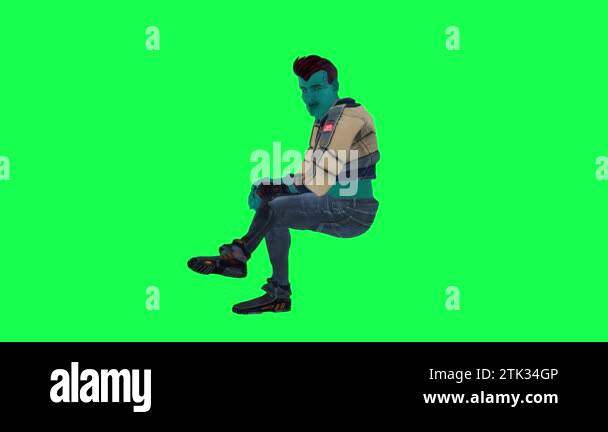 3D blue animated giant sitting talking from right angle on green screen ...