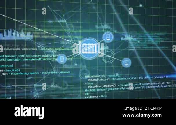 Animation of connected icons over computer language and graphs against abstract background ...