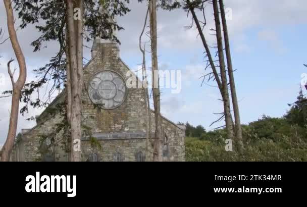 Tall coniferous trees in front of a nineteenth-century stone church in ...