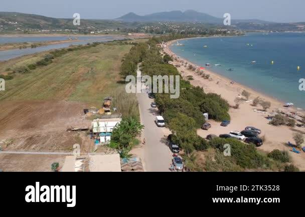 Panoramic aerial view over the shipwreck in Divari beach near Navarino ...