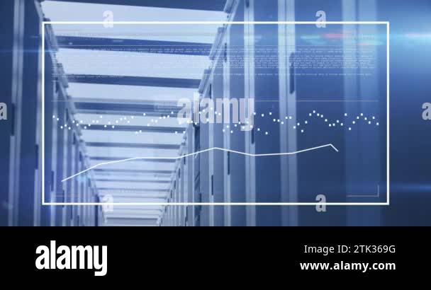 Animation of graphs in rectangle and lens flares over server room. Digital composite, multiple ...