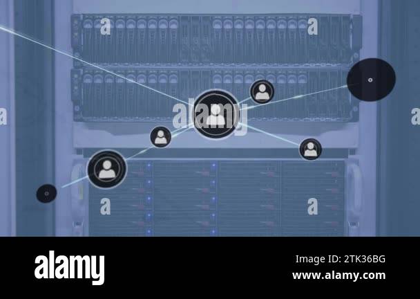 Animation of connected icons over back panel of data server racks in server room. Digital ...