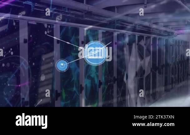 Animation of connected icons, globe, geometric shapes, loading circles over server room. Digital ...