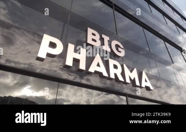 BIG PHARMA building with glass windows and sky reflections. Sign BIG ...
