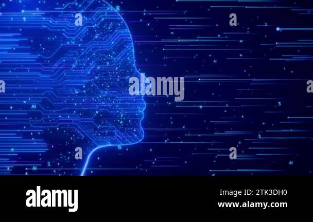 Future AI tech machine learning, face circuit board binary data flow ...