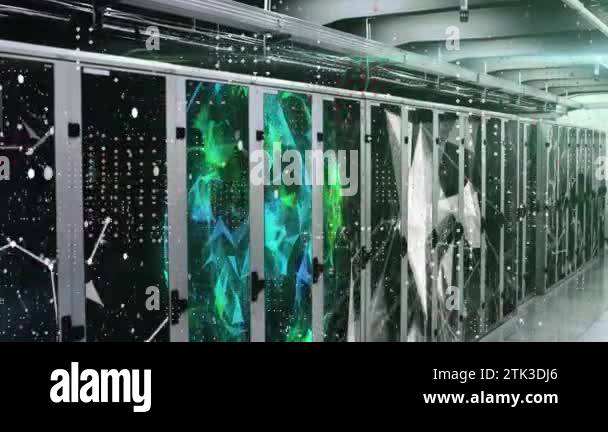 Animation of connected dots and globes on server racks in server room. Digital composite ...