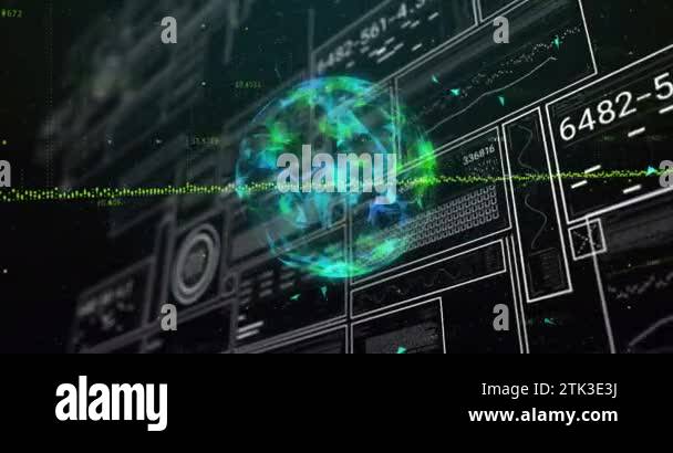 Animation of graph and globe over loading circles and bars with graphs on black background ...