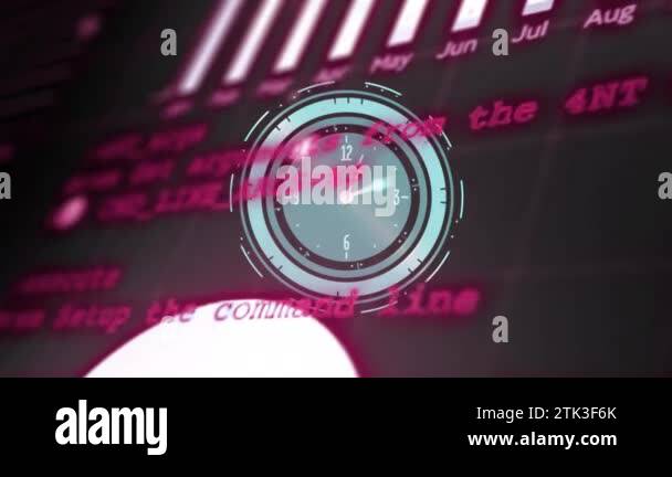 Animation of neon ticking clock over statistical data processing against black background ...