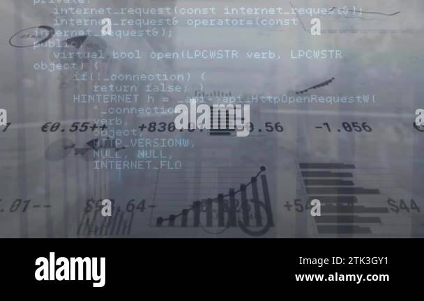 Animation of multiple graphs with currency signs and numbers. Digitally generated, multiple ...