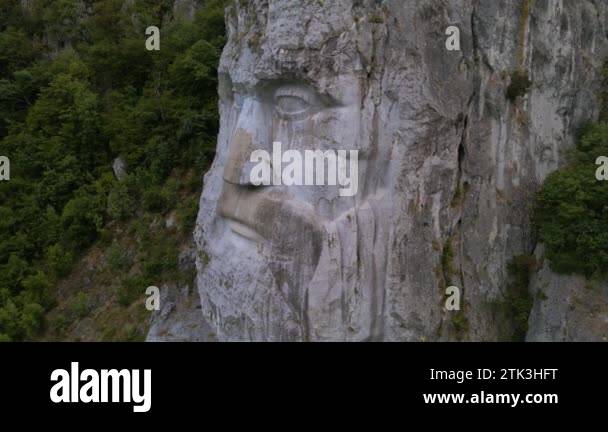 Aerial video of the statue of Decebal, located on the gorges of Danube ...