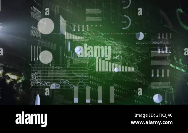 Animation of graph, loading circles, bars, changing numbers, globe and map against green ...