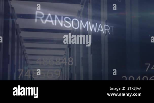 Animation Of Ransomware Text And Numbers With Electronic Circuit Board Pattern Over Server Room