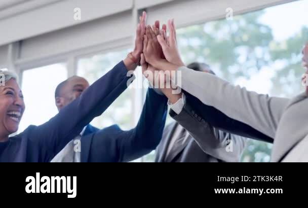 Business people, hands and high five in meeting for team building, motivation or support ...
