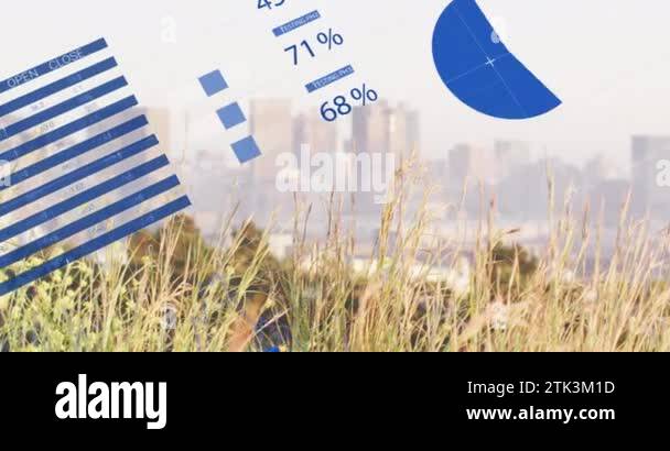 Animation of infographic interface over close-up of grass against ...