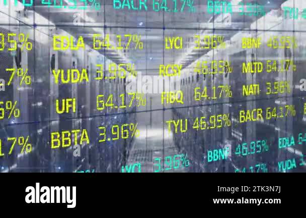 Animation of trading board, bars and connected dots over server room in background. Digital ...