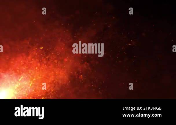 Abstract loop orange fire particles with smoke cloud flare explod flow ...