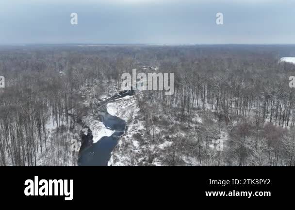 River delta floodplain winter snow meander drone aerial inland video ...