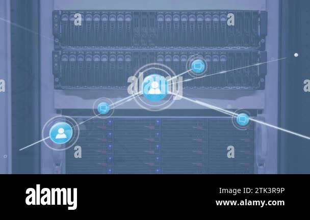 Animation of connected icons over back panel of data server racks in server room. Digital ...