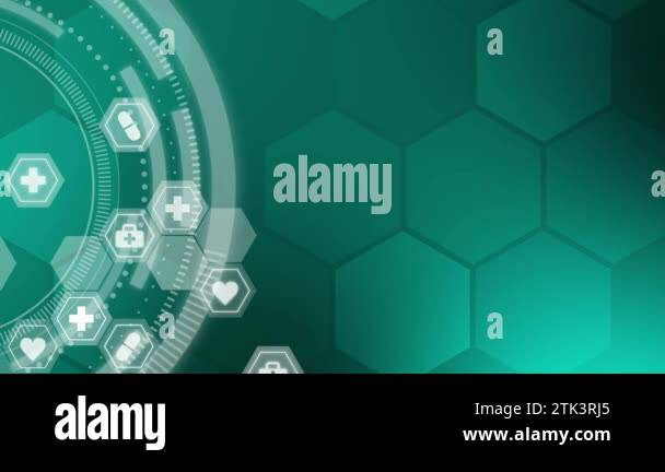 Hexagonal icons with medical symbols. Green animated abstract ...