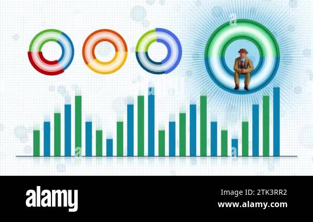 Bar graph and circular graphs. A miniature people sitting on a circular ...
