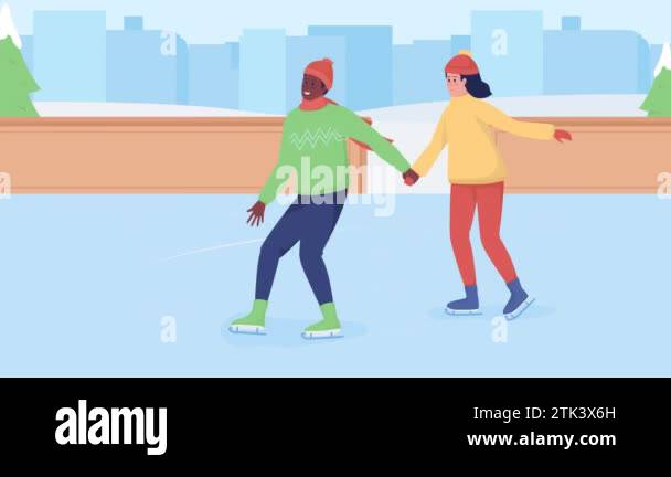 Animated accident fall. Slipped on ice. Young couple on skating rink ...